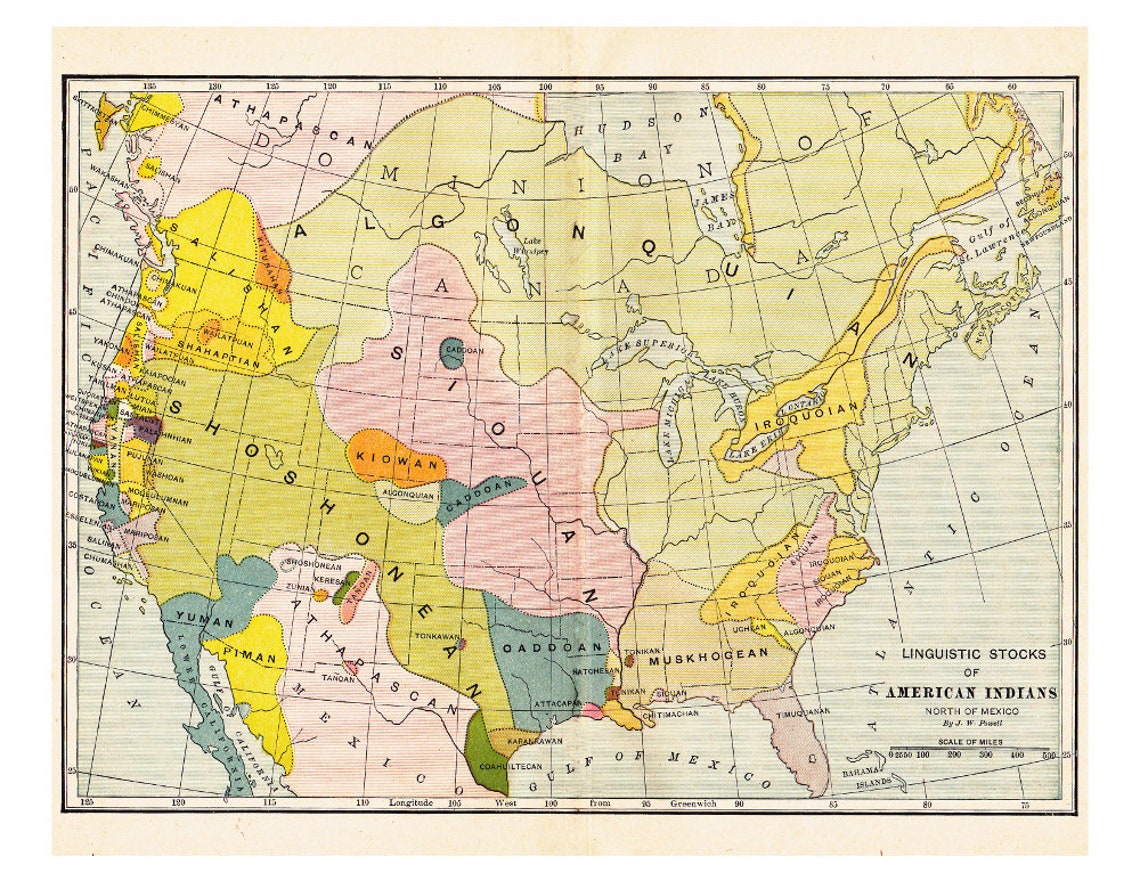 Vintage Map of America 'linguistic Stocks of American - Etsy