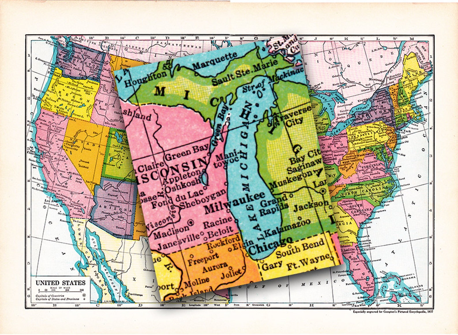 Vintage United States Map, Circa 1930's, Classroom Decor, Home Decor ...