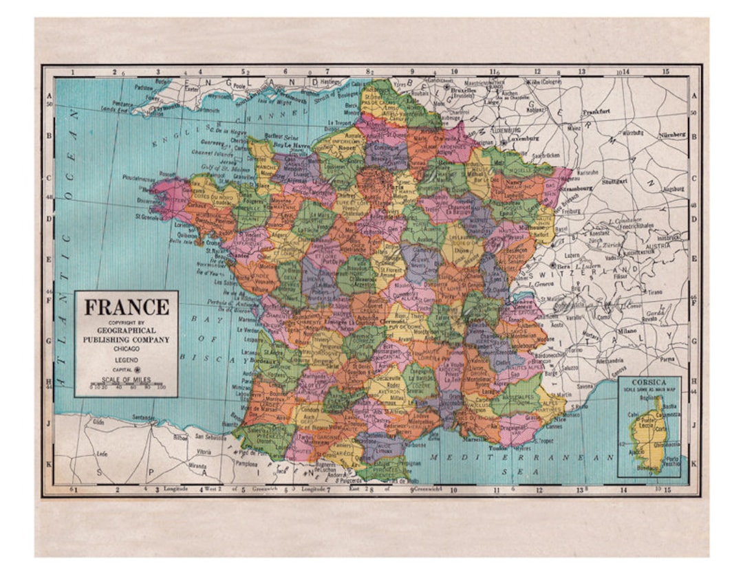 Map of France From the 1920's in Pretty Pastel Colors, Unique Gift and ...