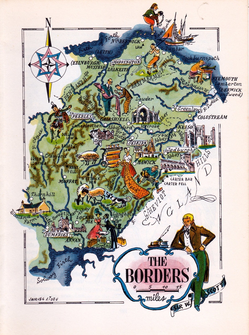 Old Pictorial Map of Scotland's Border Region, Printable Digital ...