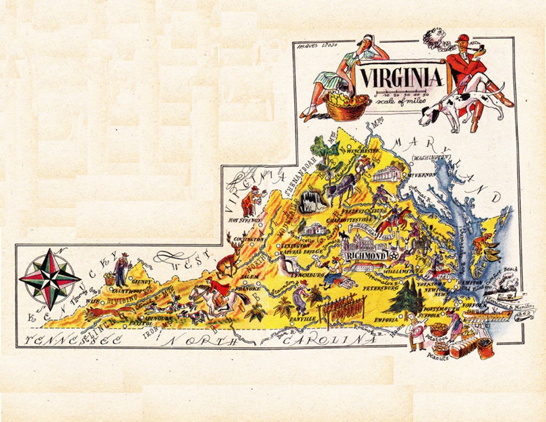 Map of Virginia From the 1940's, a Funny Pictorial Map, Printable ...