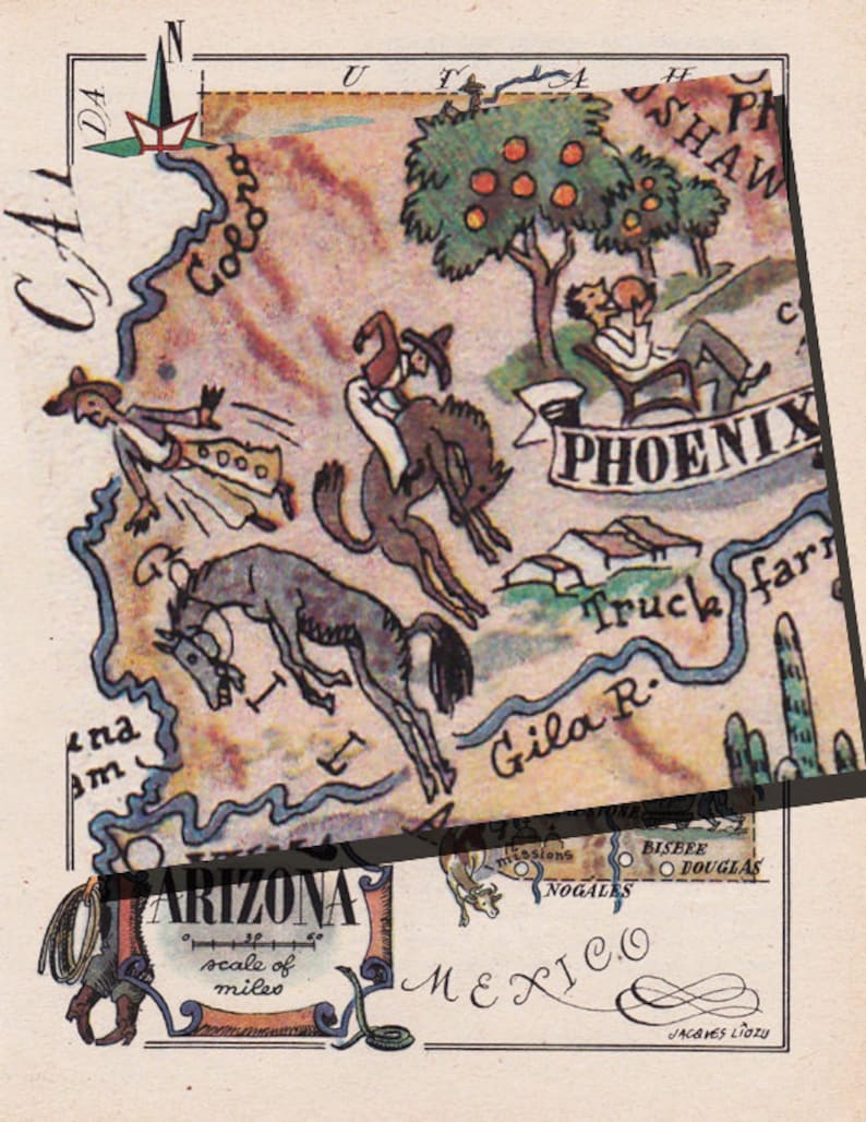 Printable Map of Arizona From the 1940's, Funny Pictorial Map, Instant ...