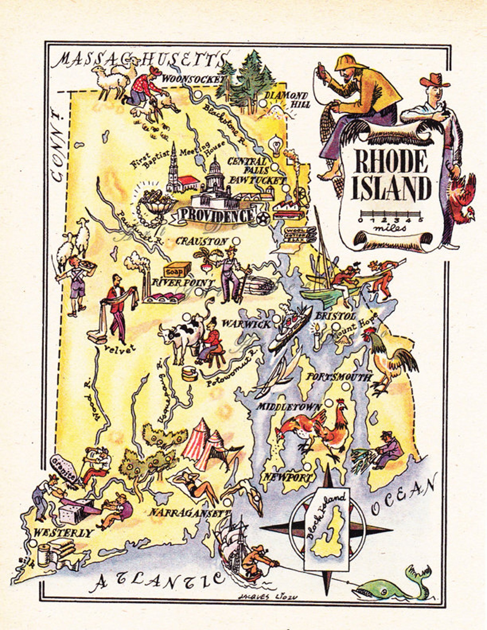 Printable Map of Rhode Island Humorous Characters Pictorial | Etsy
