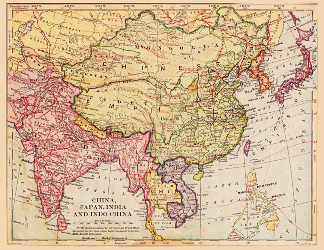 Antrique Map of China, Tibet, Mongolia, and India From 1900, Unique ...