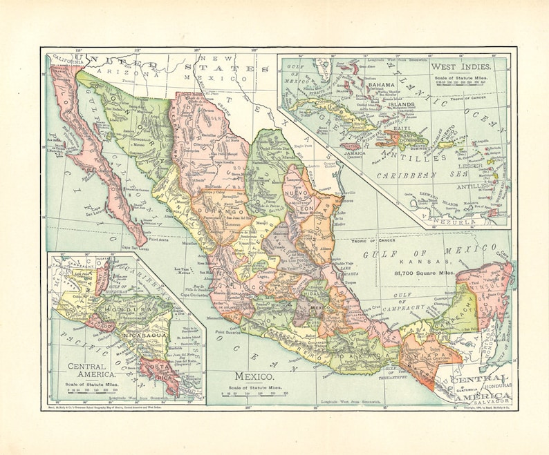 Mapa imprimible de México de la década de 1900, decoración para casas ...
