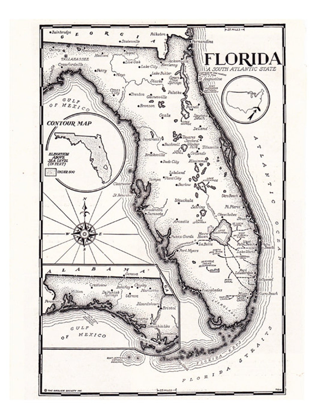 Printable Map of Florida in Black and White, Hand Drawn Map From the ...