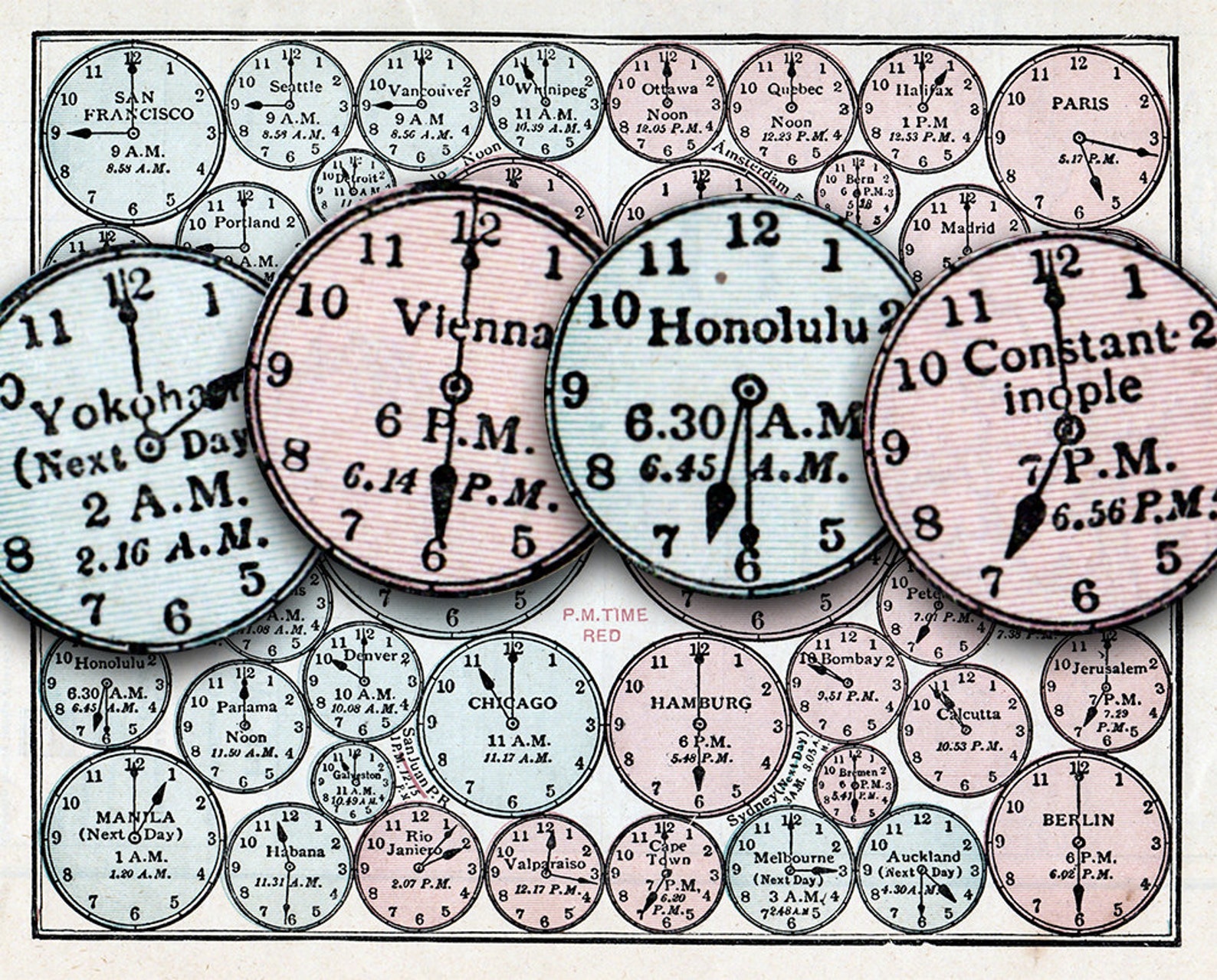 Old Clock Faces, With Times and Cities From Around the World, Digital ...