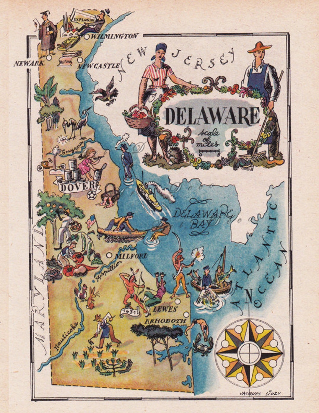 Printable Map of Delaware From the 1940's, Funny Pictorial Map No. 1705 ...