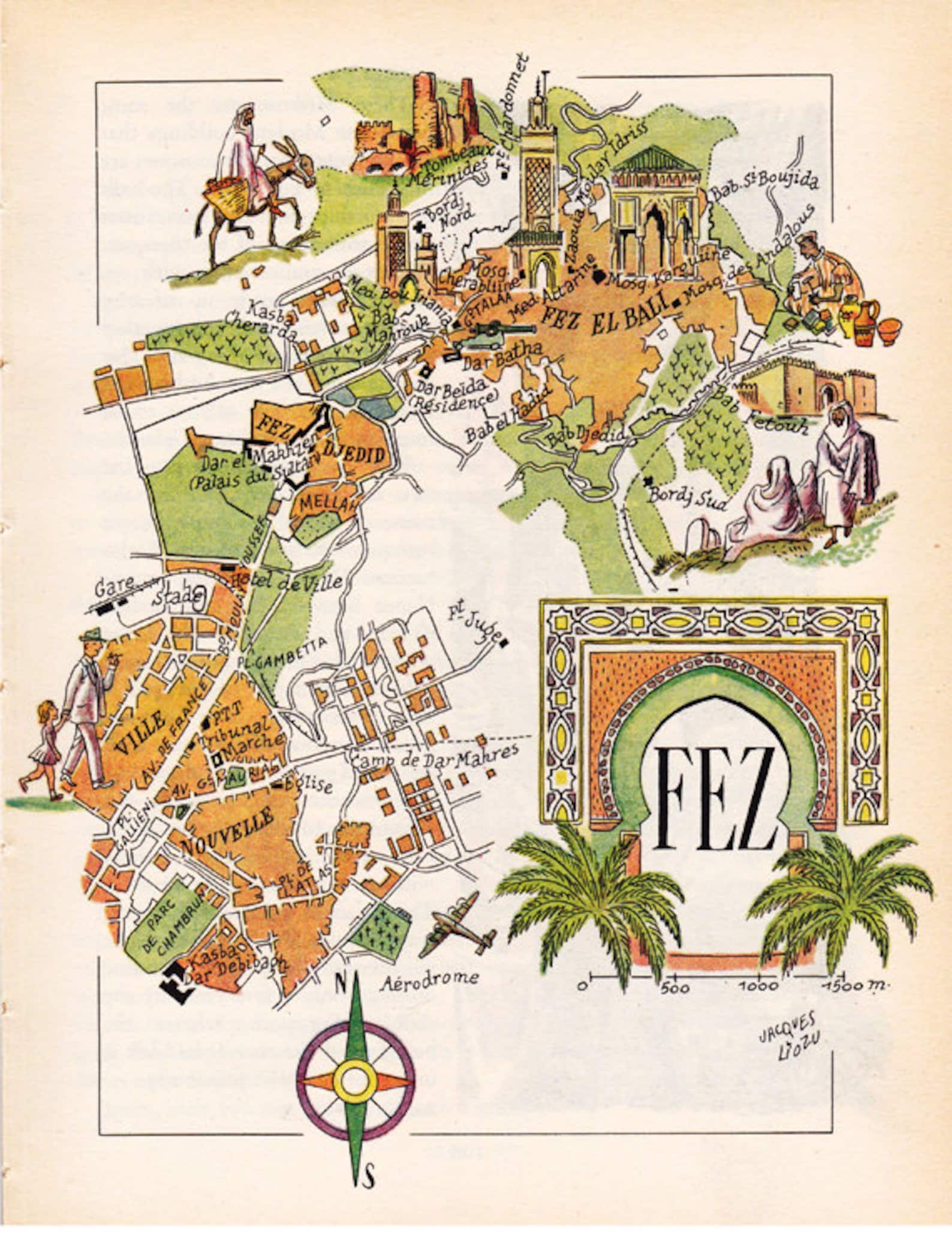 Old Map of Fes Fez Morocco From The1950's by French - Etsy