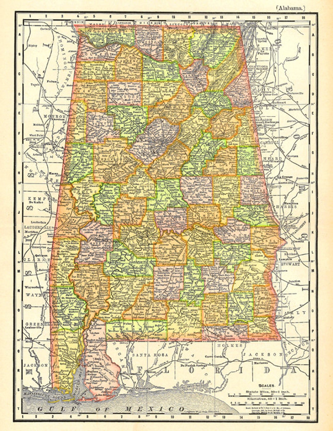 Printable Map of Alabama, Unique Gift and Home Decor, Arts and Crafts ...