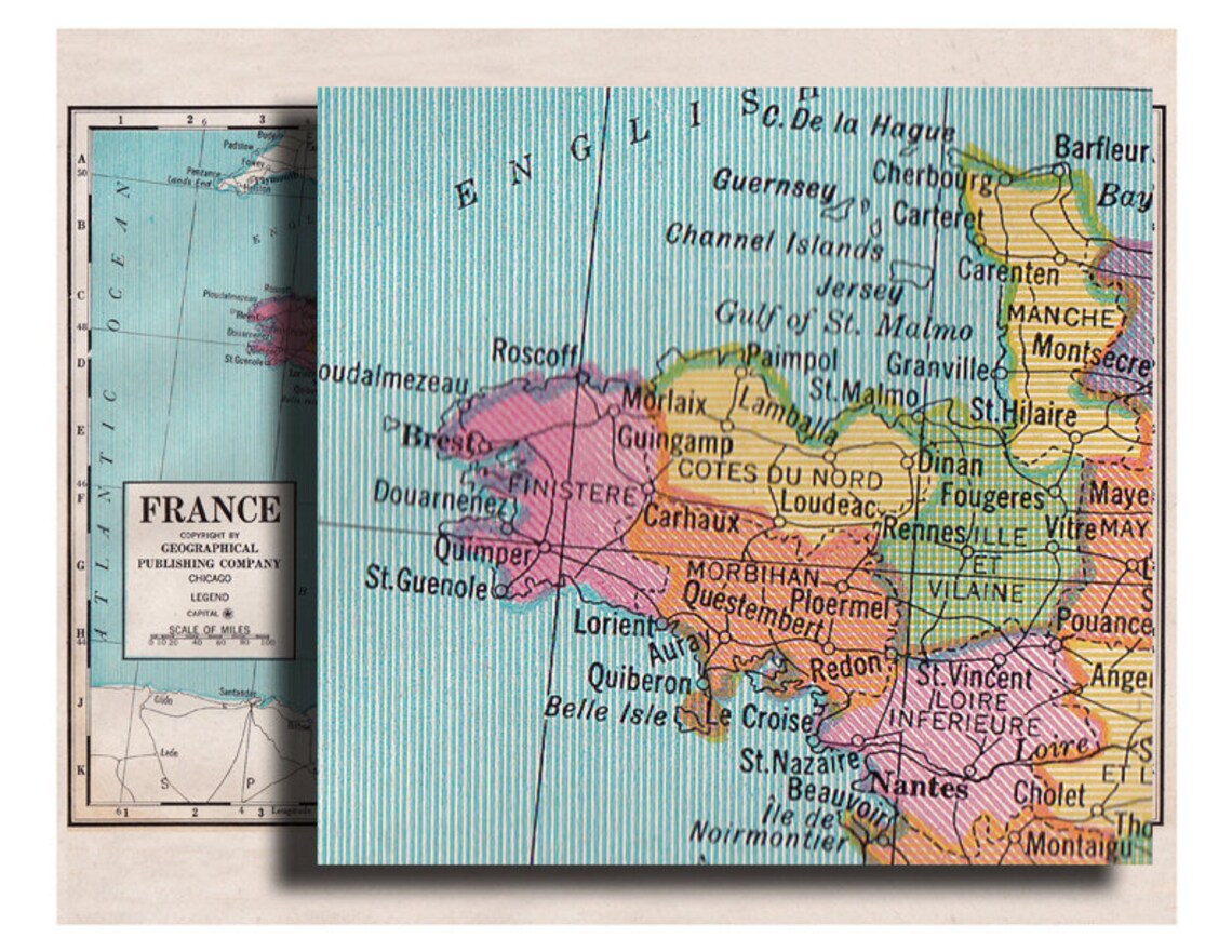 Map of France From the 1920's in Pretty Pastel Colors, Unique Gift and ...