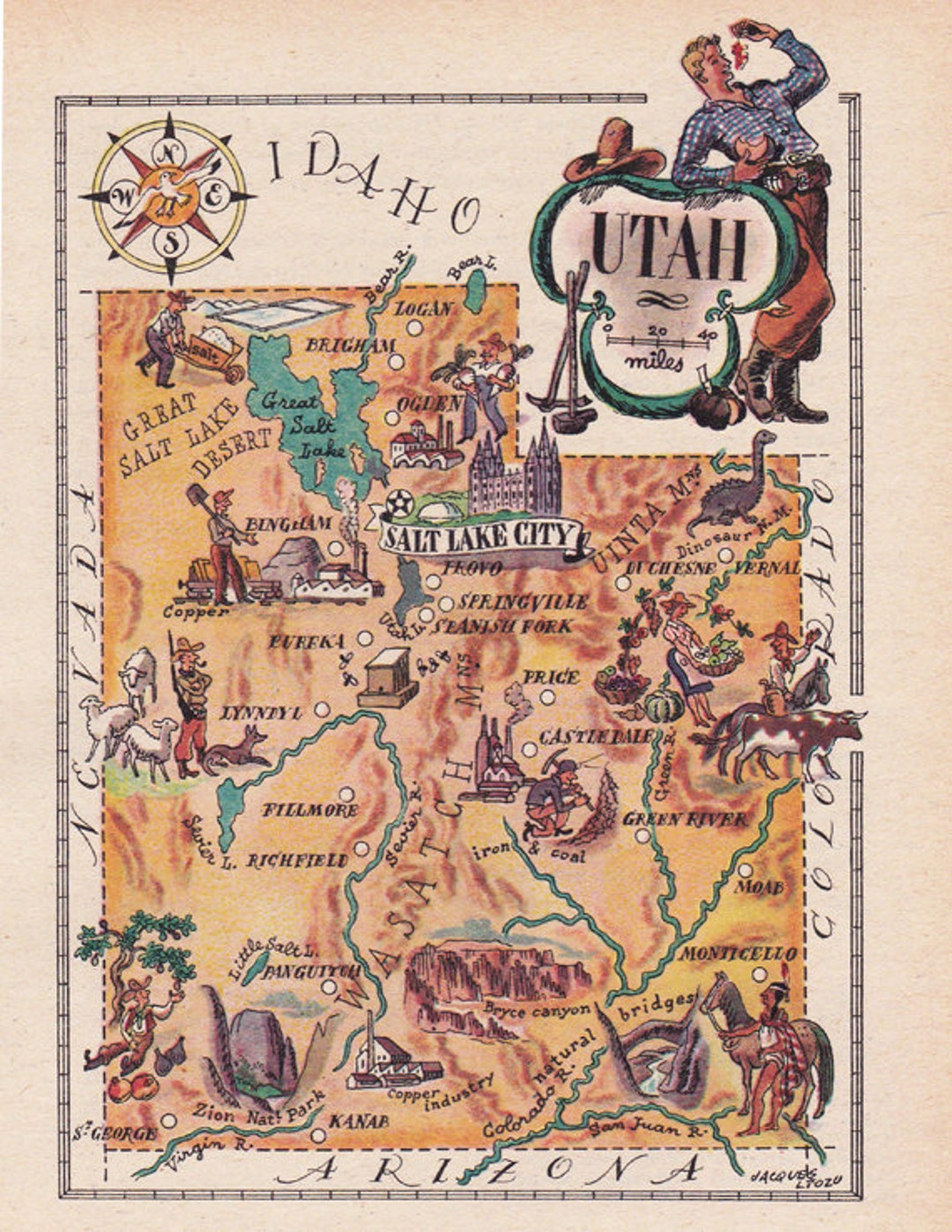 Printable Map of Utah, Funny Pictorial Map From the 1940's, Vintage Map ...