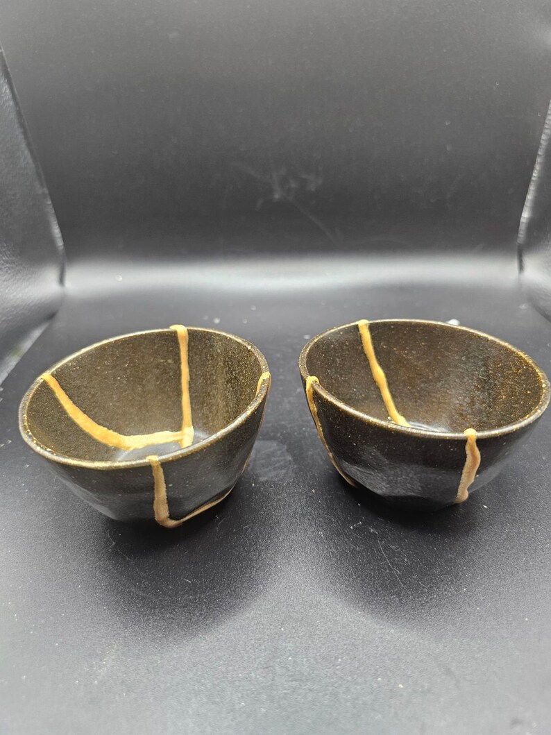Kintsugi Pair of Tea Cups, Gold and Brown, Japanese Ceramics, Homemade ...