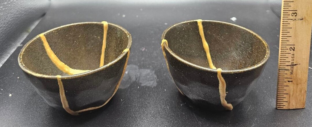 Kintsugi Pair of Tea Cups, Gold and Brown, Japanese Ceramics, Homemade ...
