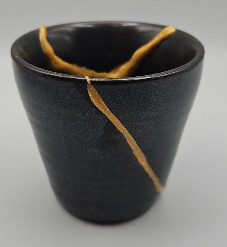 Black and Gold Kintsugi Cup- Key Holder - Jewelry Container, Broken and ...