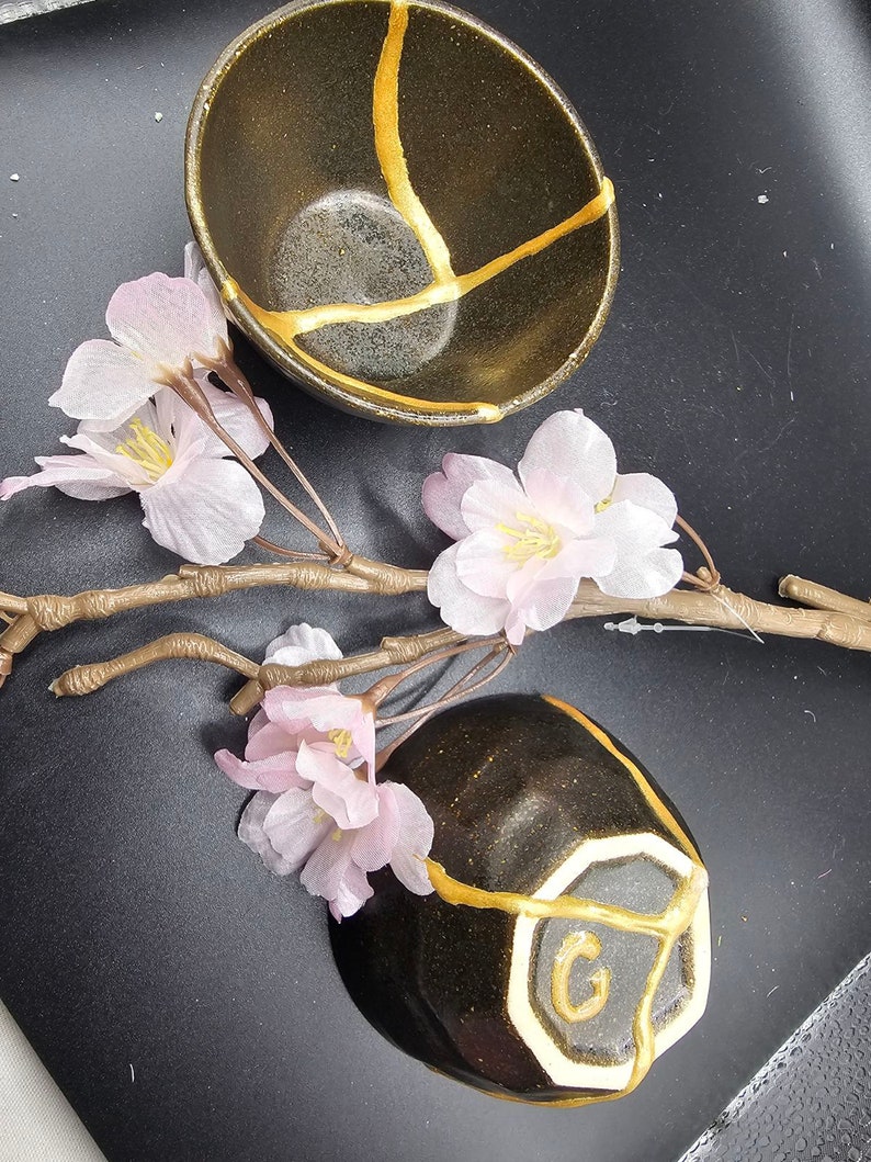 Kintsugi Pair of Tea Cups, Gold and Brown, Japanese Ceramics, Homemade ...