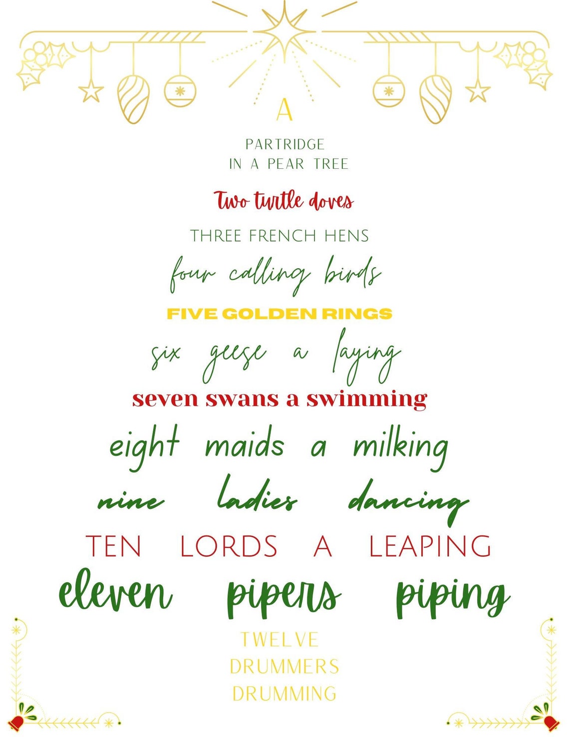 Twelve Days of Christmas Art (printable, Words Shaped Into Christmas ...