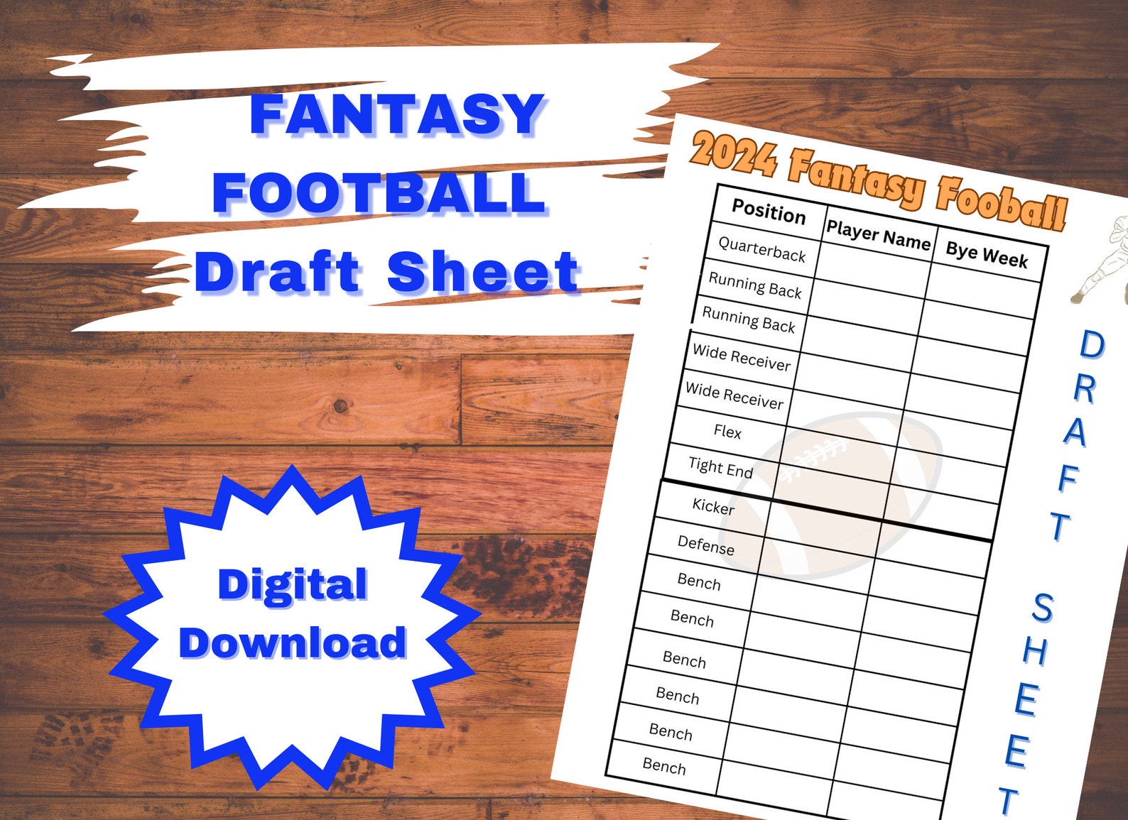 Fantasy Football Draft Sheet, Fantasy Football, Instant Download PDF - Etsy
