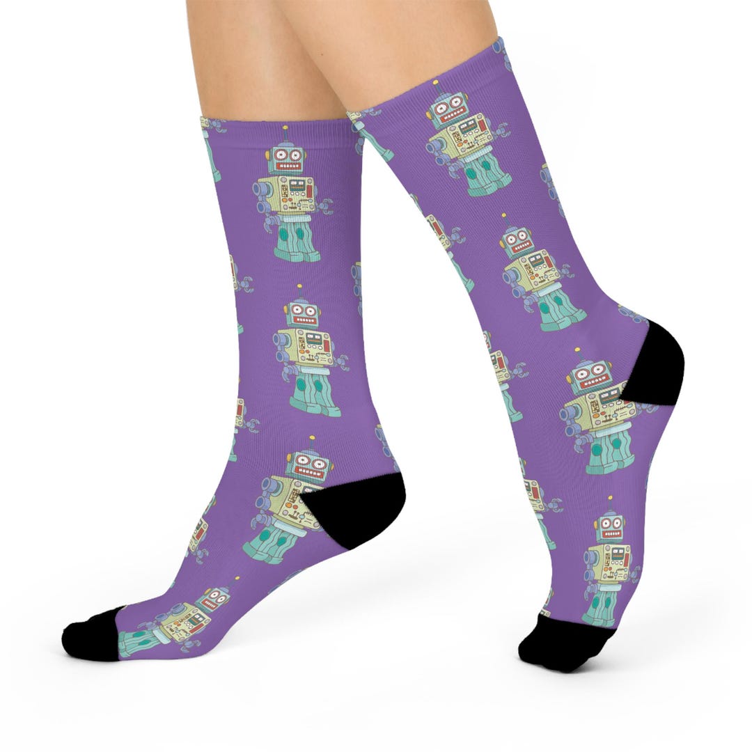 Robot Purple Cushioned Crew Socks With Robot Design Mens Womens Socks ...