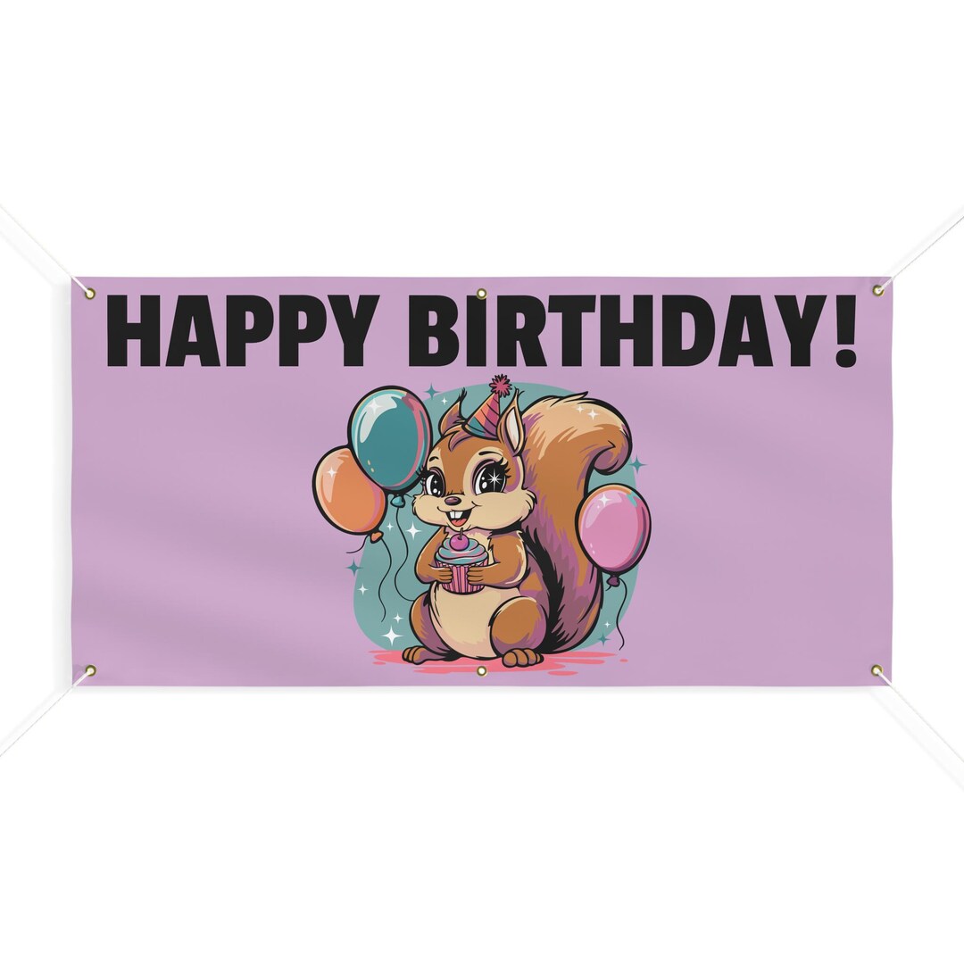 Happy Birthday Party Squirrel Banner Sign Purple Squirrels Balloons ...