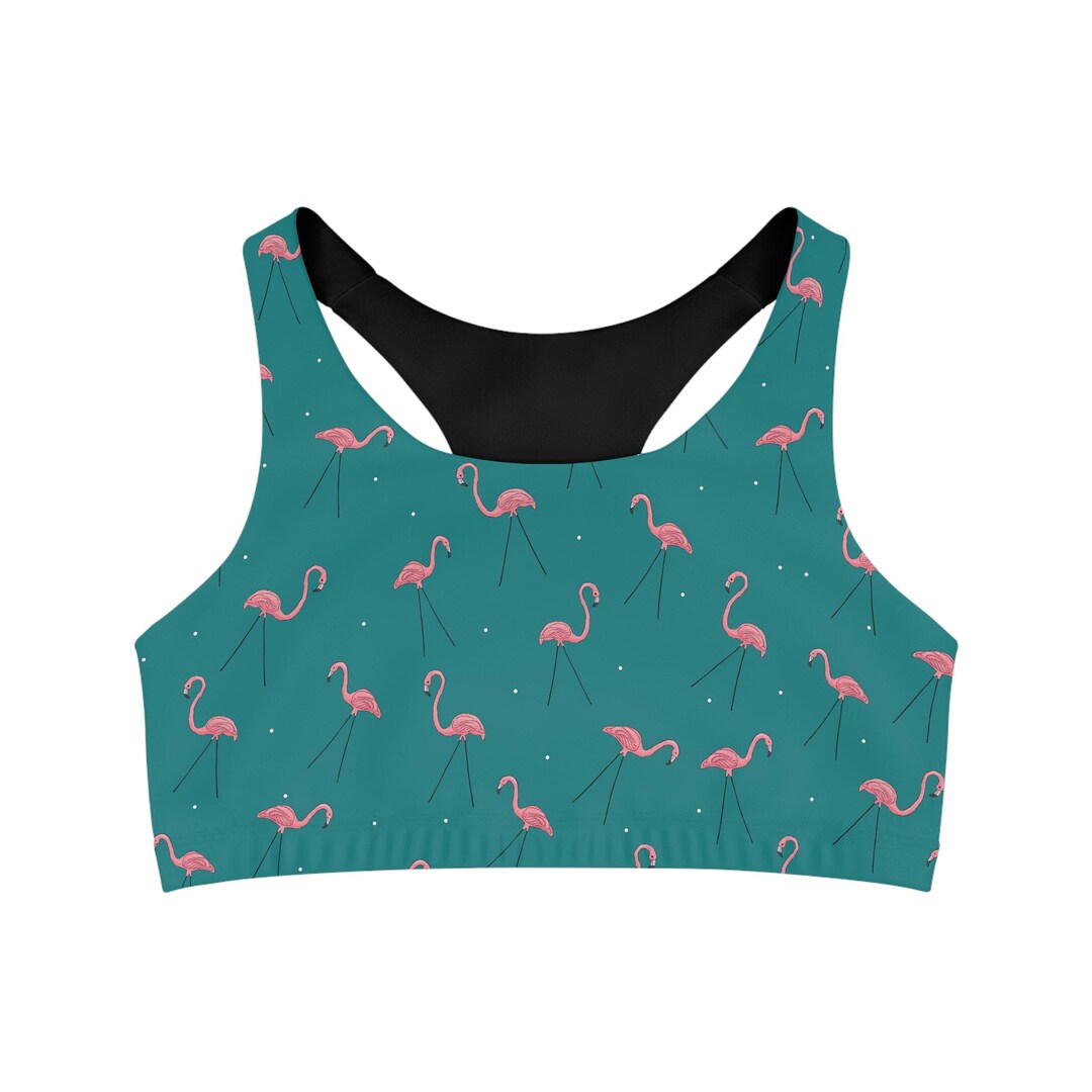 Teal Pink Plastic Lawn Flamingos Print Seamless Sports Bra Womens ...