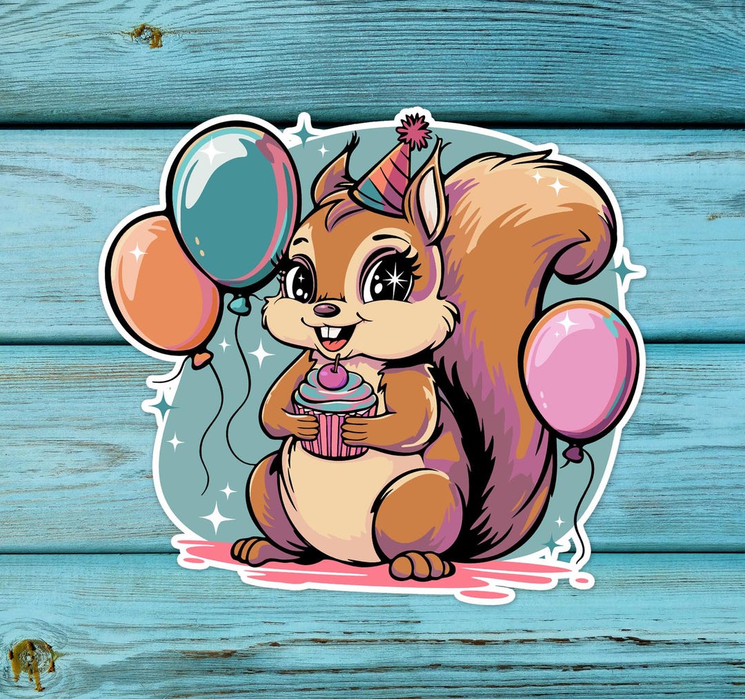 3" Birthday Squirrel Sticker - Party Squirrels Vinyl Decal Stickers B ...
