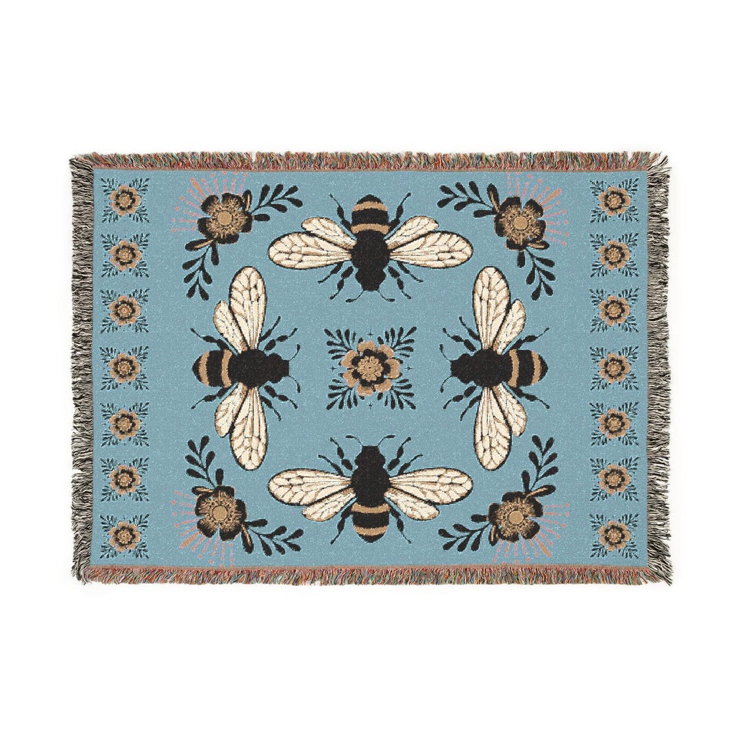 Bees and Flowers Botanical Woven Blanket | Home Decor Floral Bee Throw ...