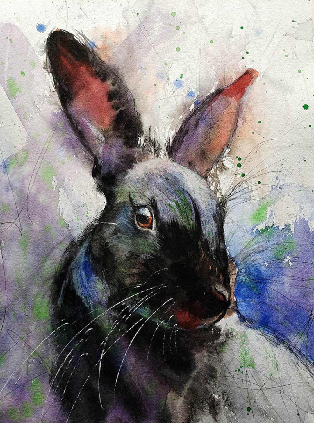 Original Black Rex Bunny Rabbit Art Watercolor Painting Black Rabbit ...