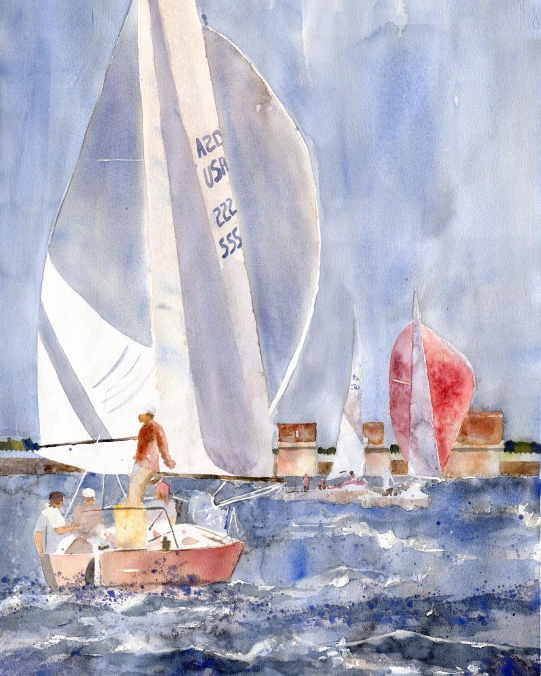Lake Murray Dam Art Print Watercolor Painting Sailboat Landscape Large ...