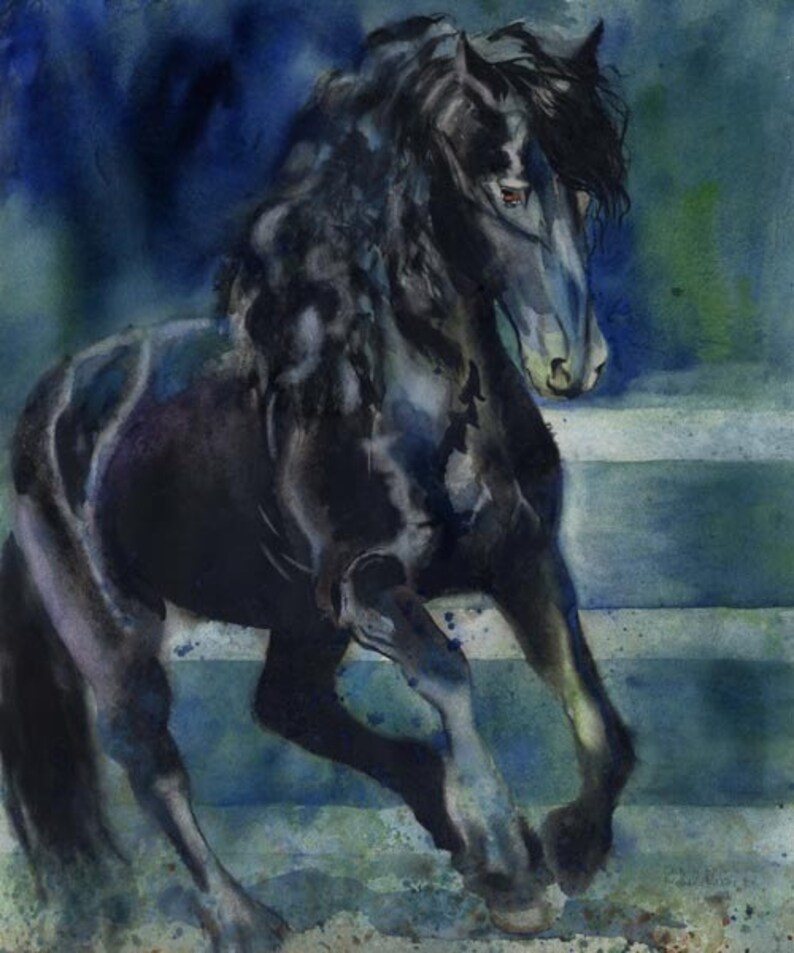 Friesian Black Horse Art Print From Watercolor Painting Canvas Custom ...