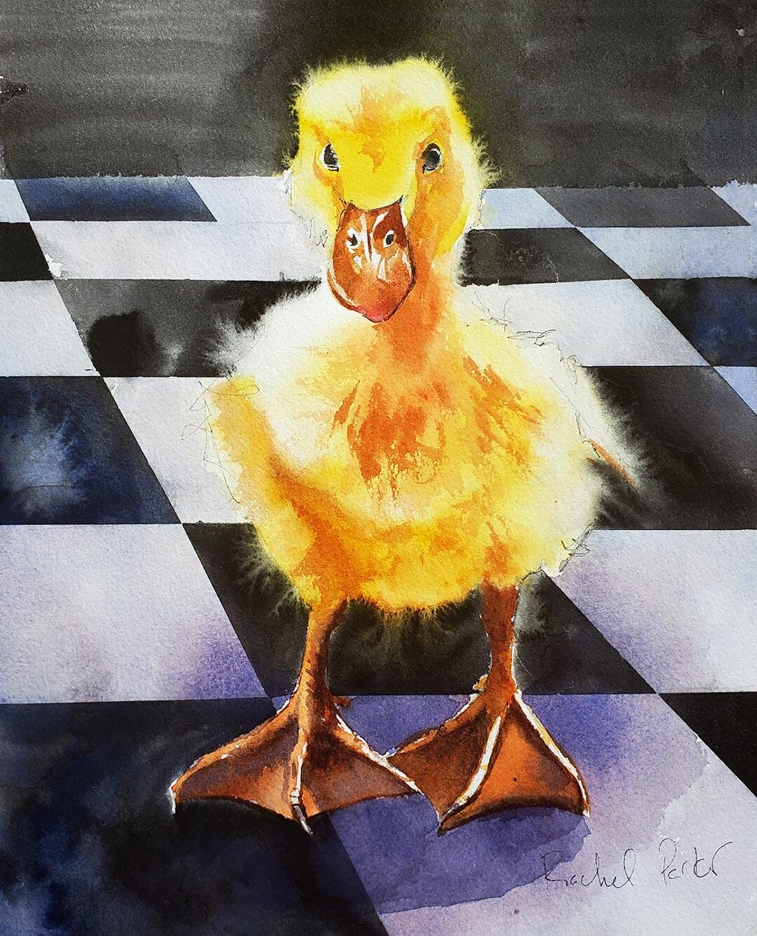 Original Yellow Duckling Art Watercolor Painting Cat Decor Farm Duck ...