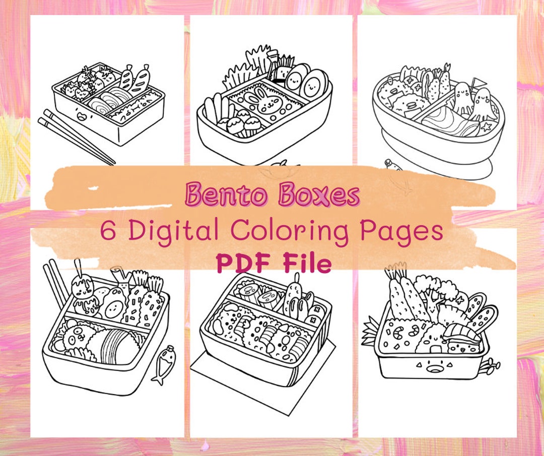 Cute Japanese Bento Boxes Printable Coloring PDF With 6 Pages, Digital ...