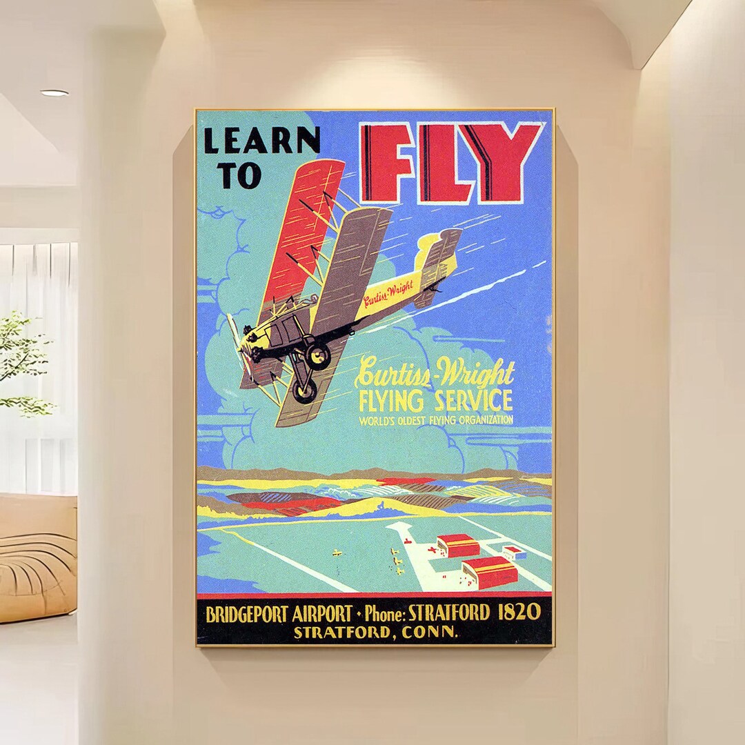 Learn to Fly 1930s Biplane Vintage Style Aviation Flying Poster, Canvas ...