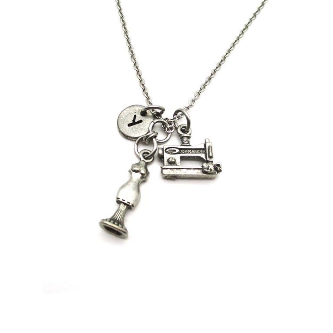 Sewing Dress Form With Sewing Machine Initial Necklace Charm Pendant ...