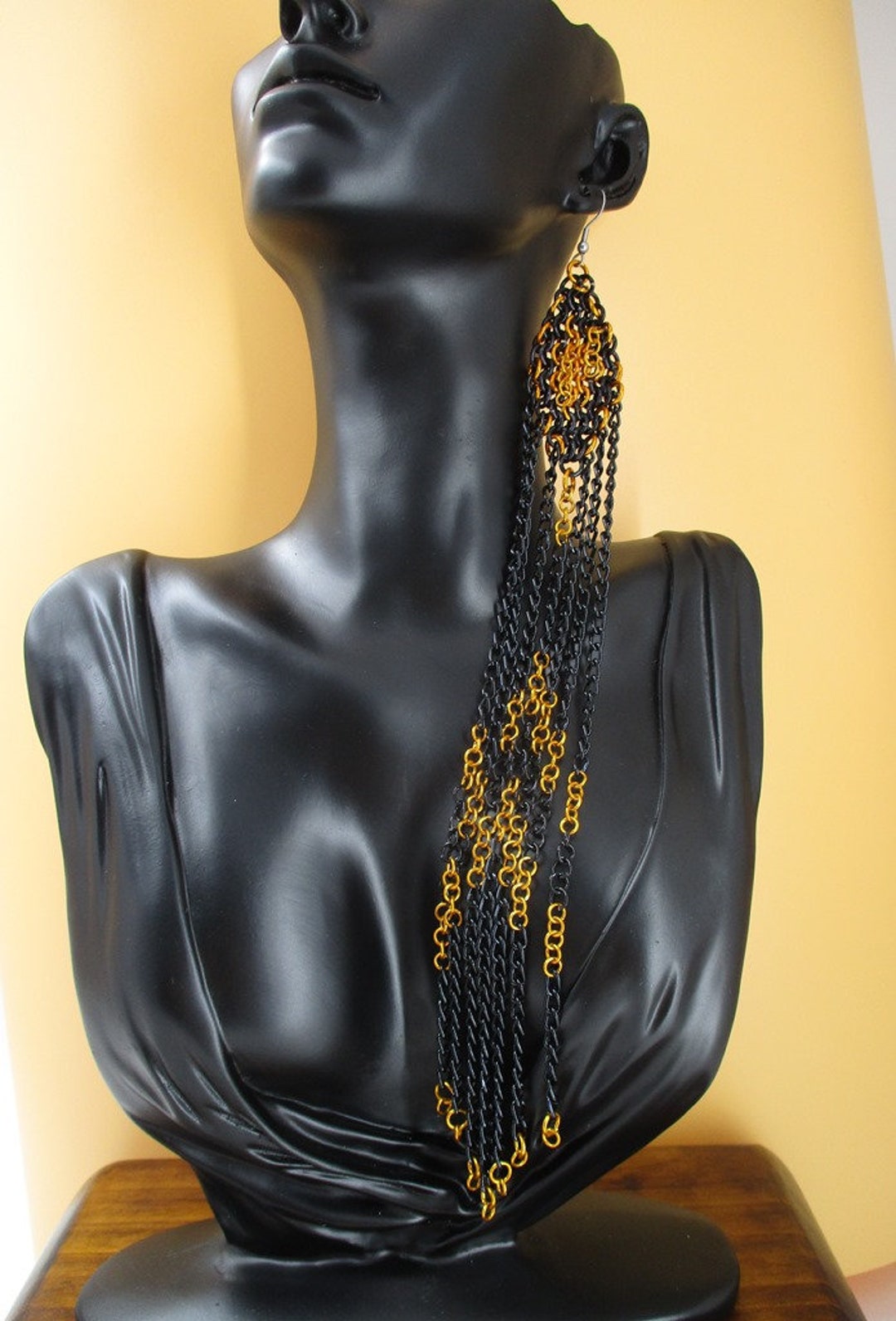 Long Black & Orange Chains 10" Drop Earrings Chain Link Maille Dangle ...