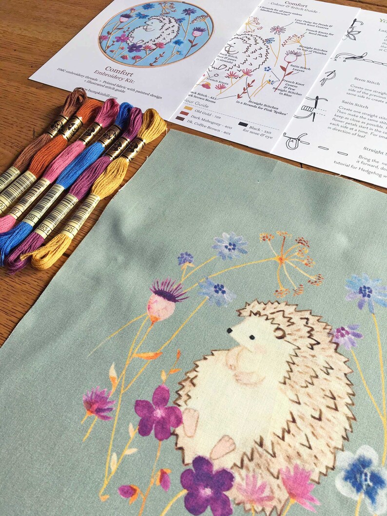 Hedgehog Embroidery Kit with Garden Flowers Comfort | Etsy