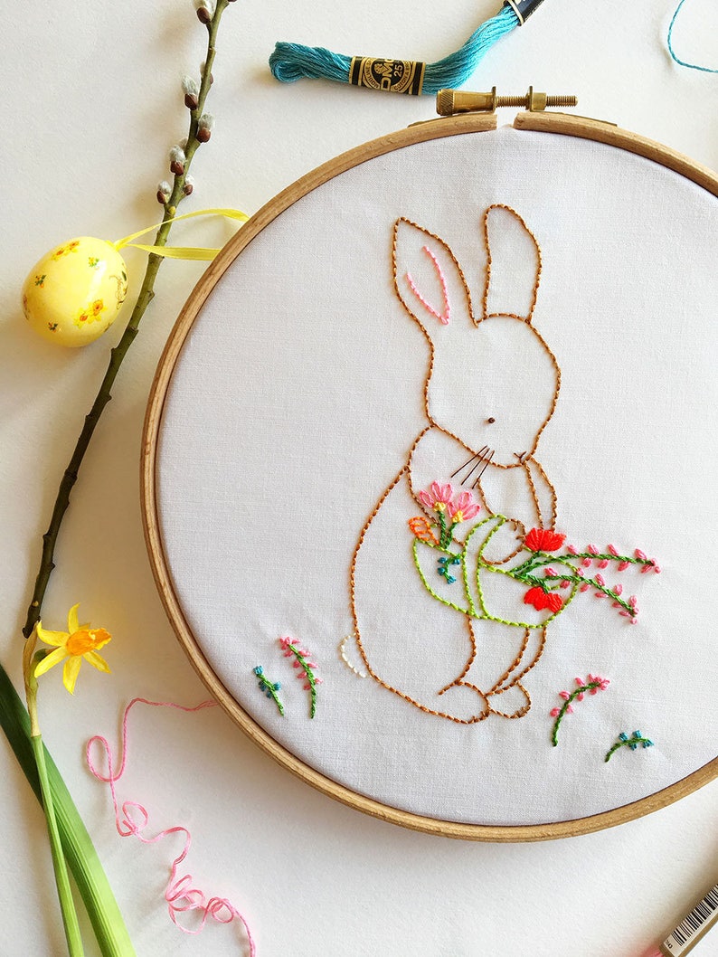 Bunny Embroidery Pattern Over the Garden Gate Rabbit Floral | Etsy