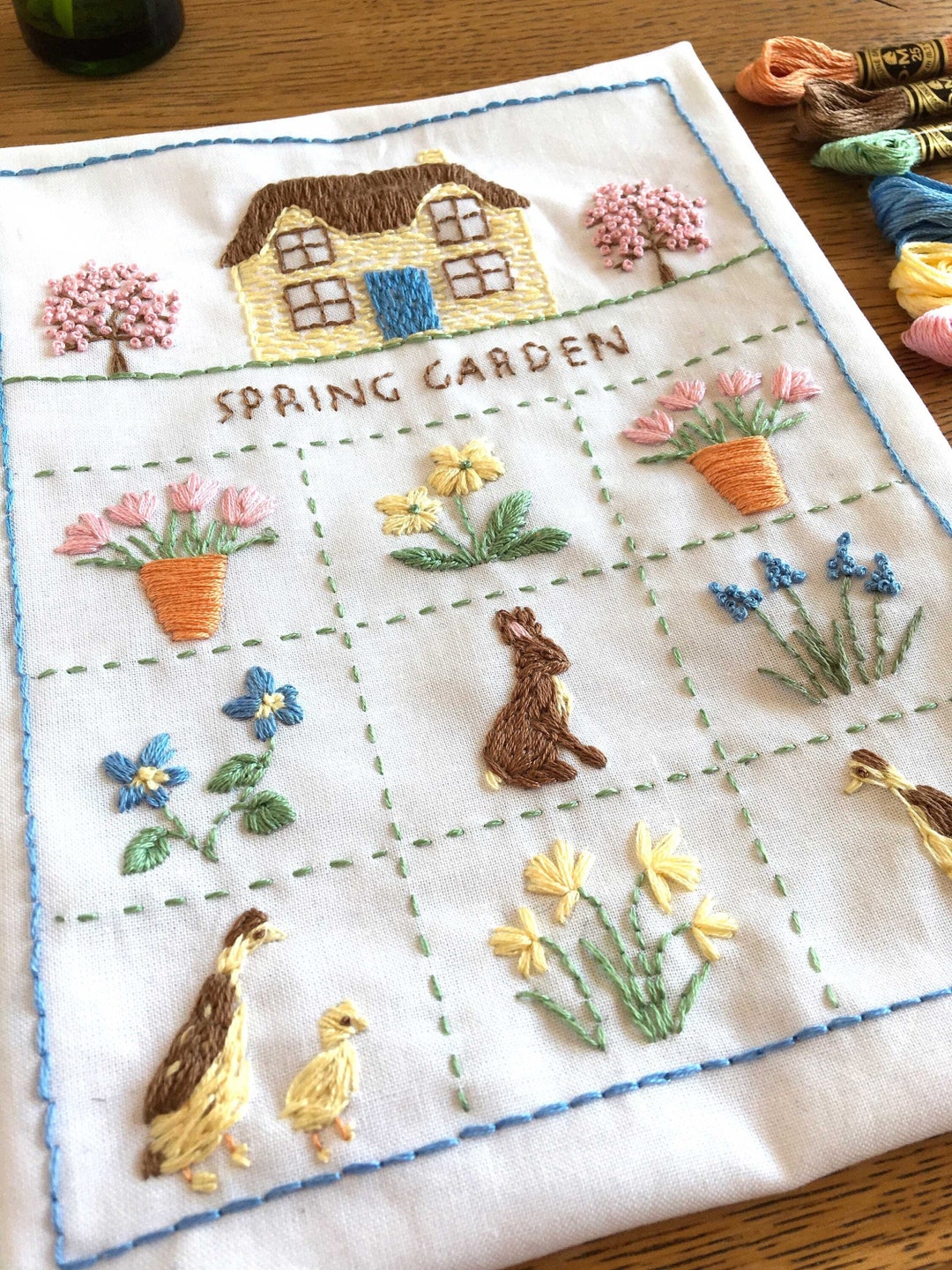 Spring Cottage Garden Embroidery Sampler Kit - Rabbit Embroidery ...