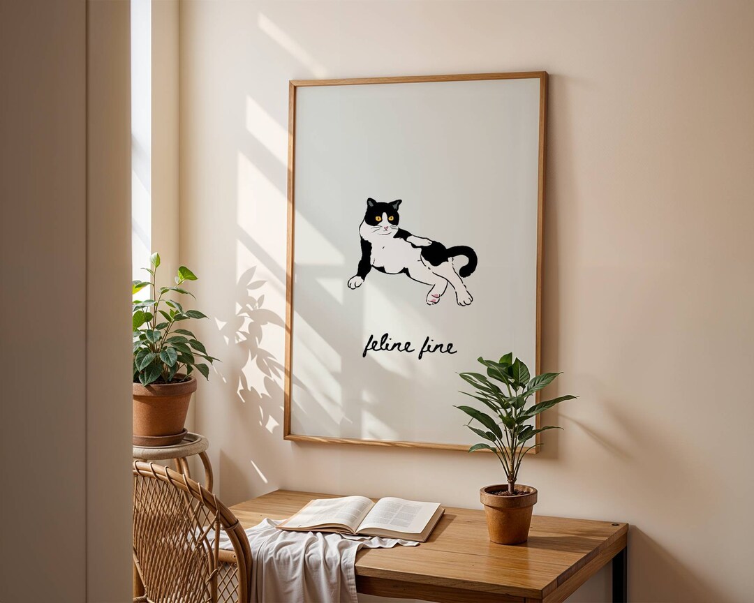 Funny Tuxedo Cat Positive Wall Art, Retro Hand-drawn Black Cat Poster ...