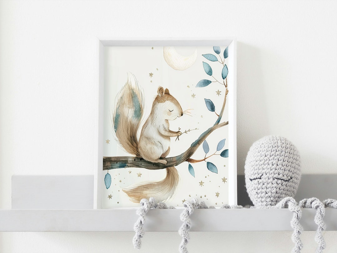 Dreamy Squirrel Under the Crescent Moon, Printable Nursery Art, Sleepy ...