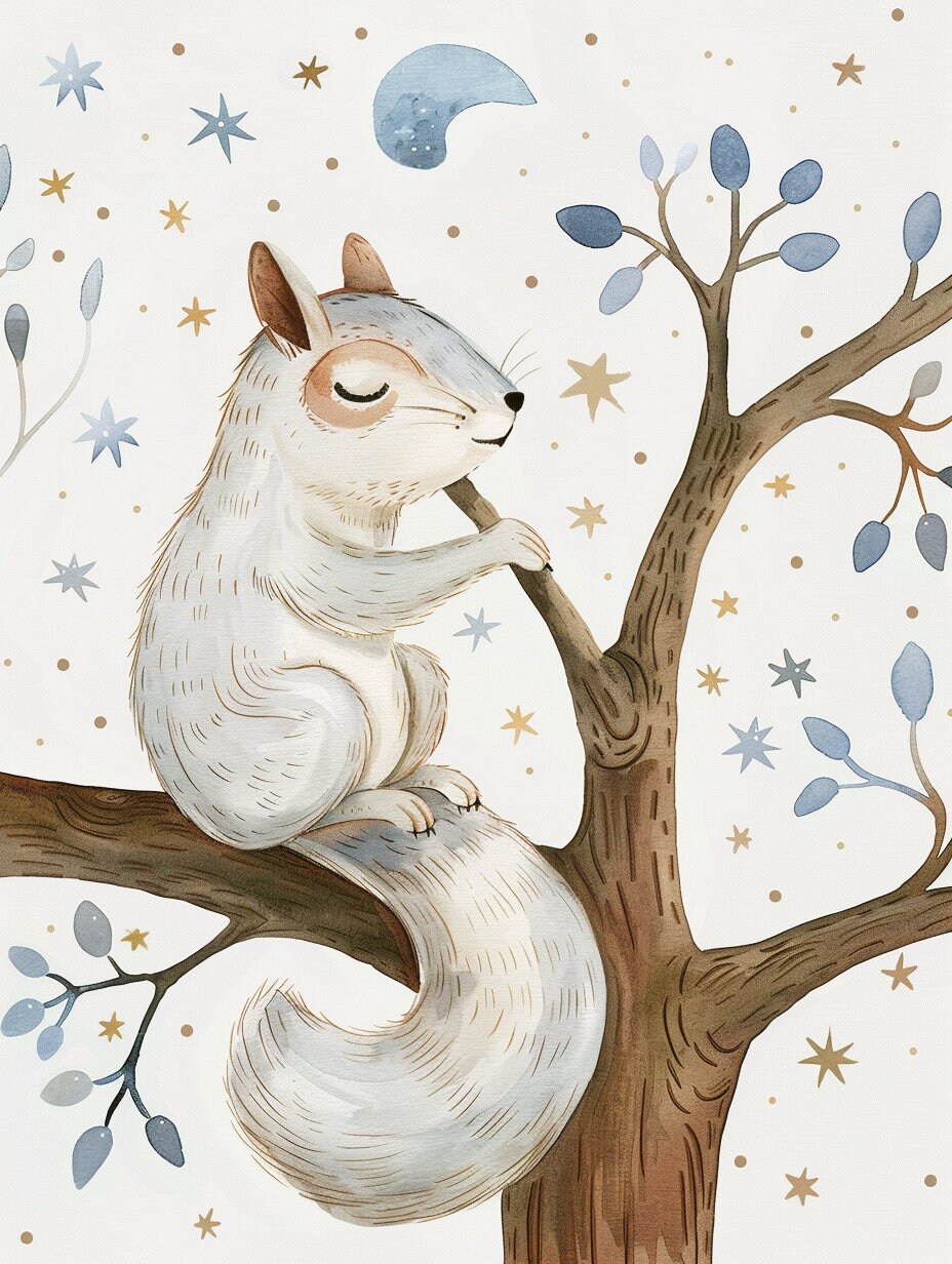 Squirrel Dreaming Under the Stars, Printable Nursery Art, Dreamy ...