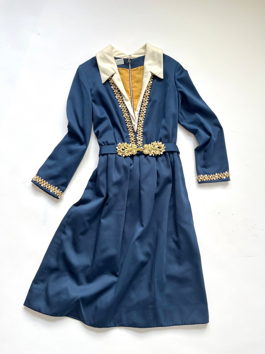 1970s Vogue Americana Dress Long Sleeves With Gold Trim - Etsy