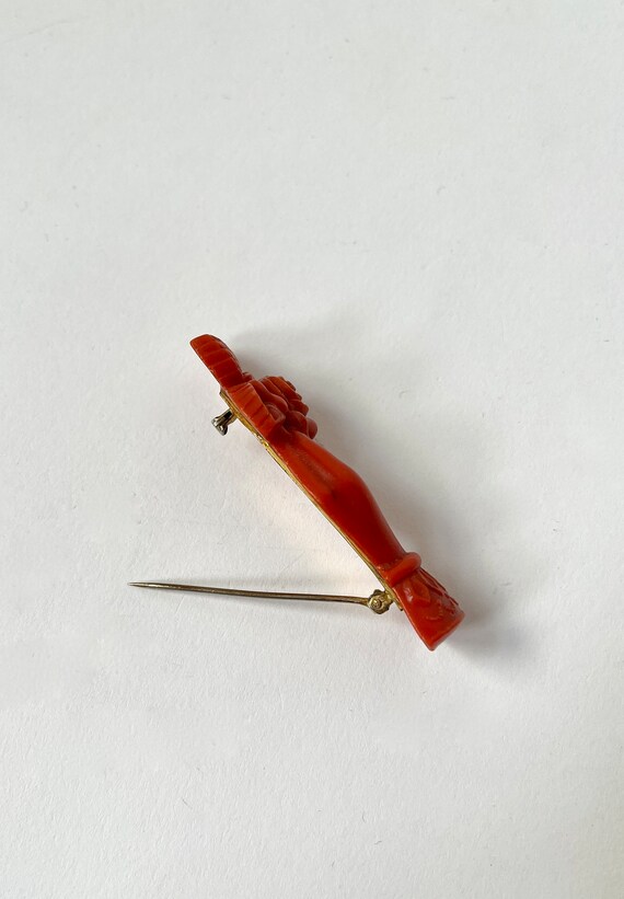 Antique Bakelite Brooch Carved Hand with Flowers in O… - Gem
