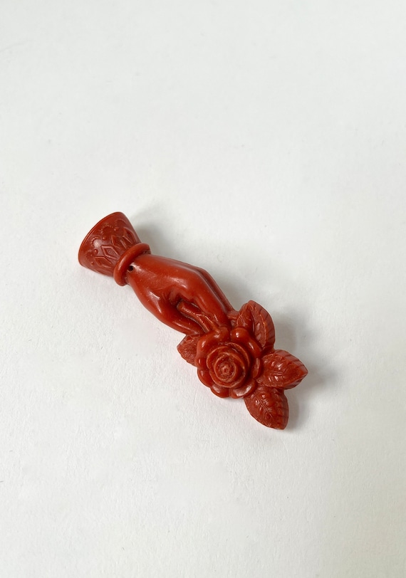 Antique Bakelite Brooch Carved Hand with Flowers in O… - Gem