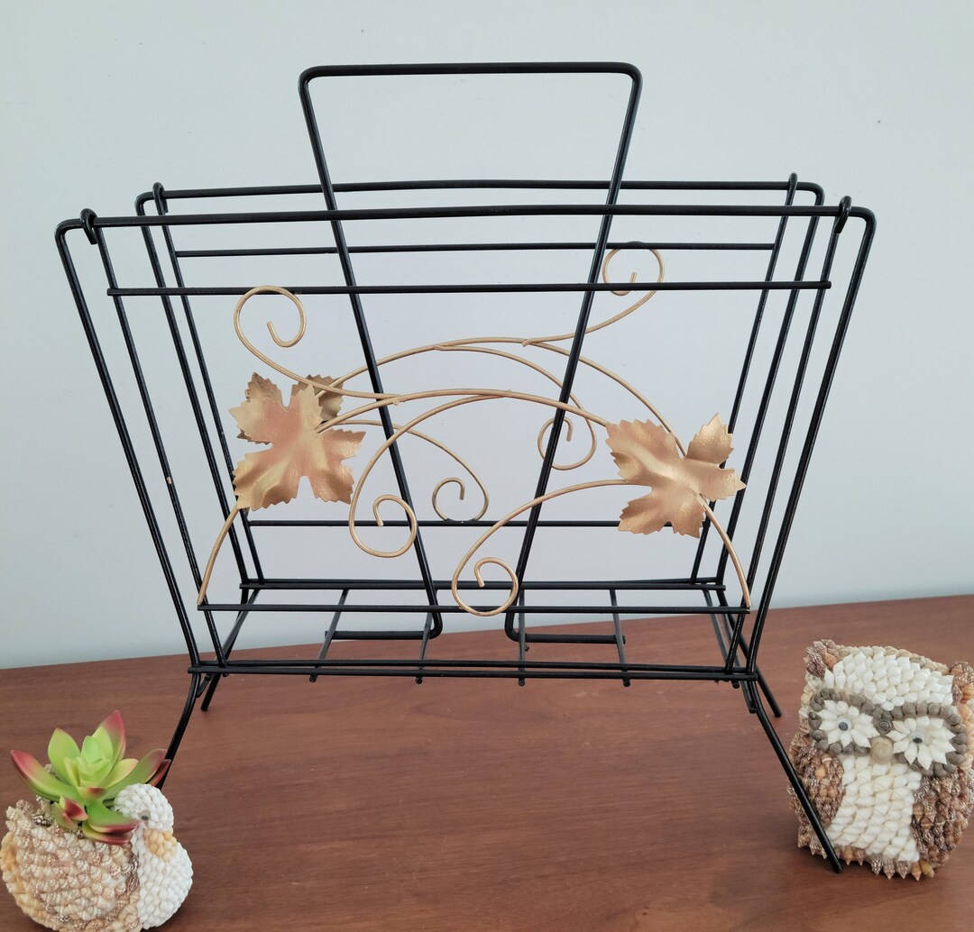 Vintage Mid Century Metal Magazine Rack With Ivy Leaves MCM Black and ...