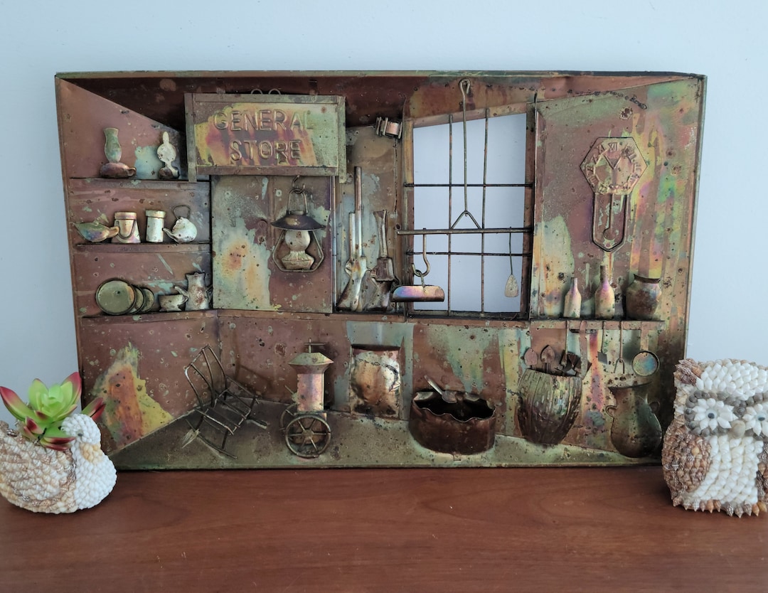 Vintage MCM Brutalist Metal General Store Scene Curtis Jere - Etsy