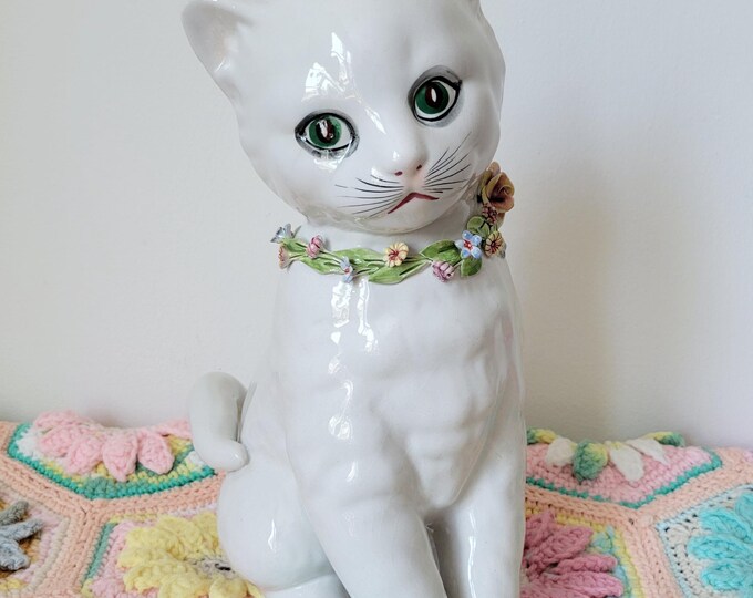 Vintage Large Italian Ceramic Floral White Cat Kitty Statue Made in ...