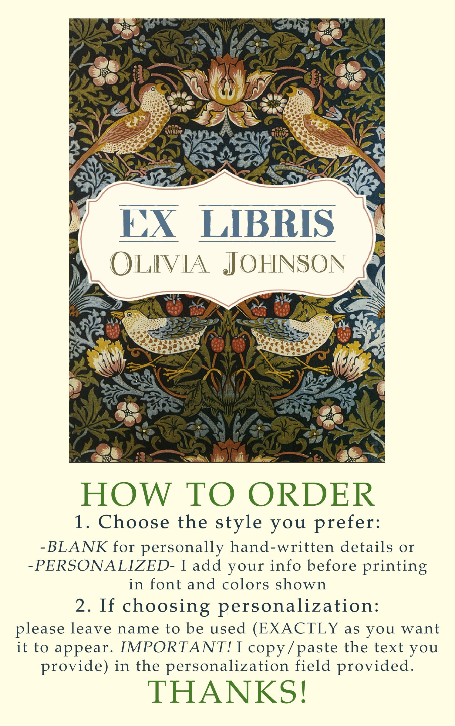 Birds and Berries Bookplate Stickers Personalized Book Plate - Etsy