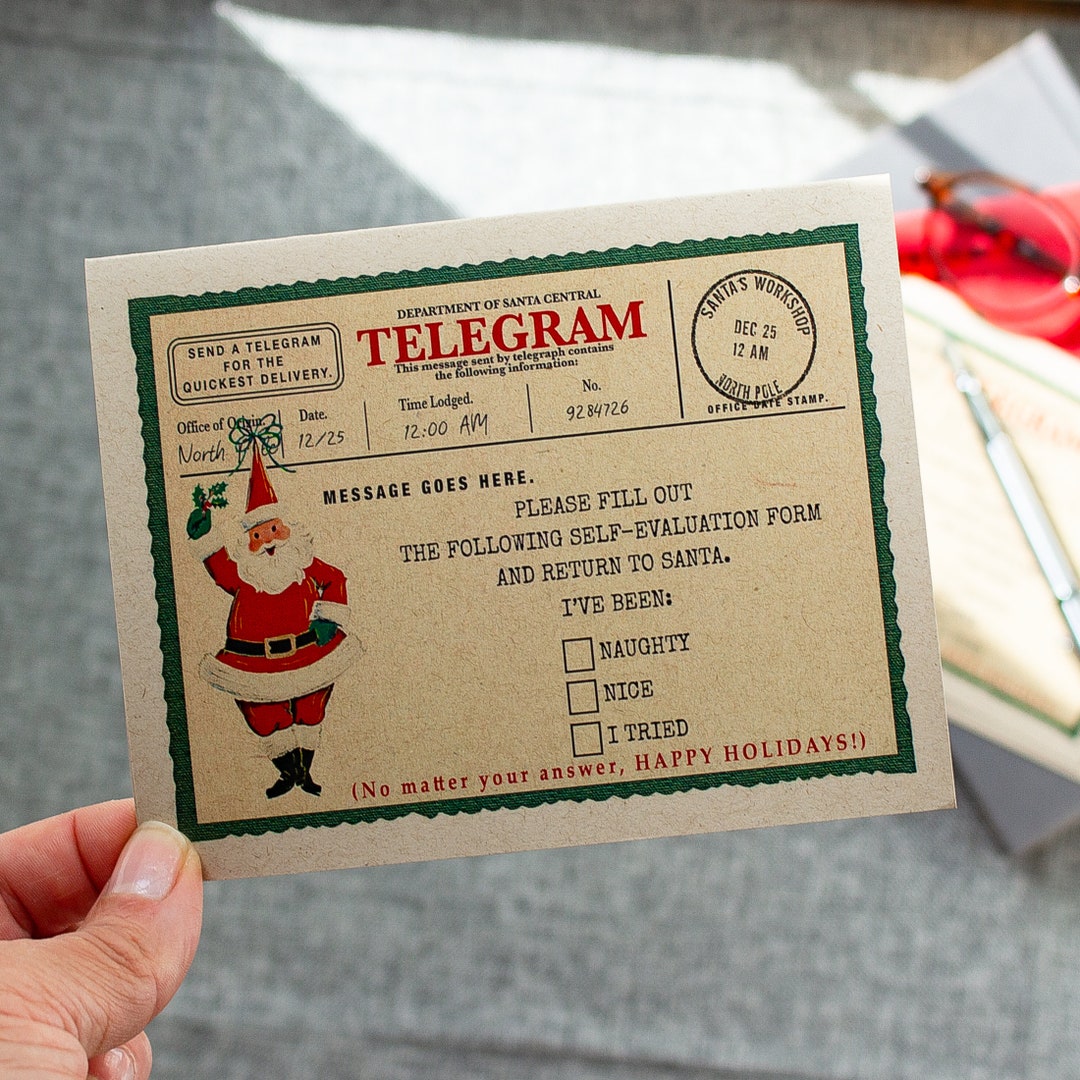 Christmas Telegram Greeting Card , Santa Claus Naughty or Nice Holiday ...