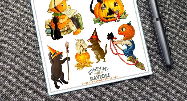 Vintage Halloween Sticker Sheet: Spooky Black Cats & Pumpkins - Etsy